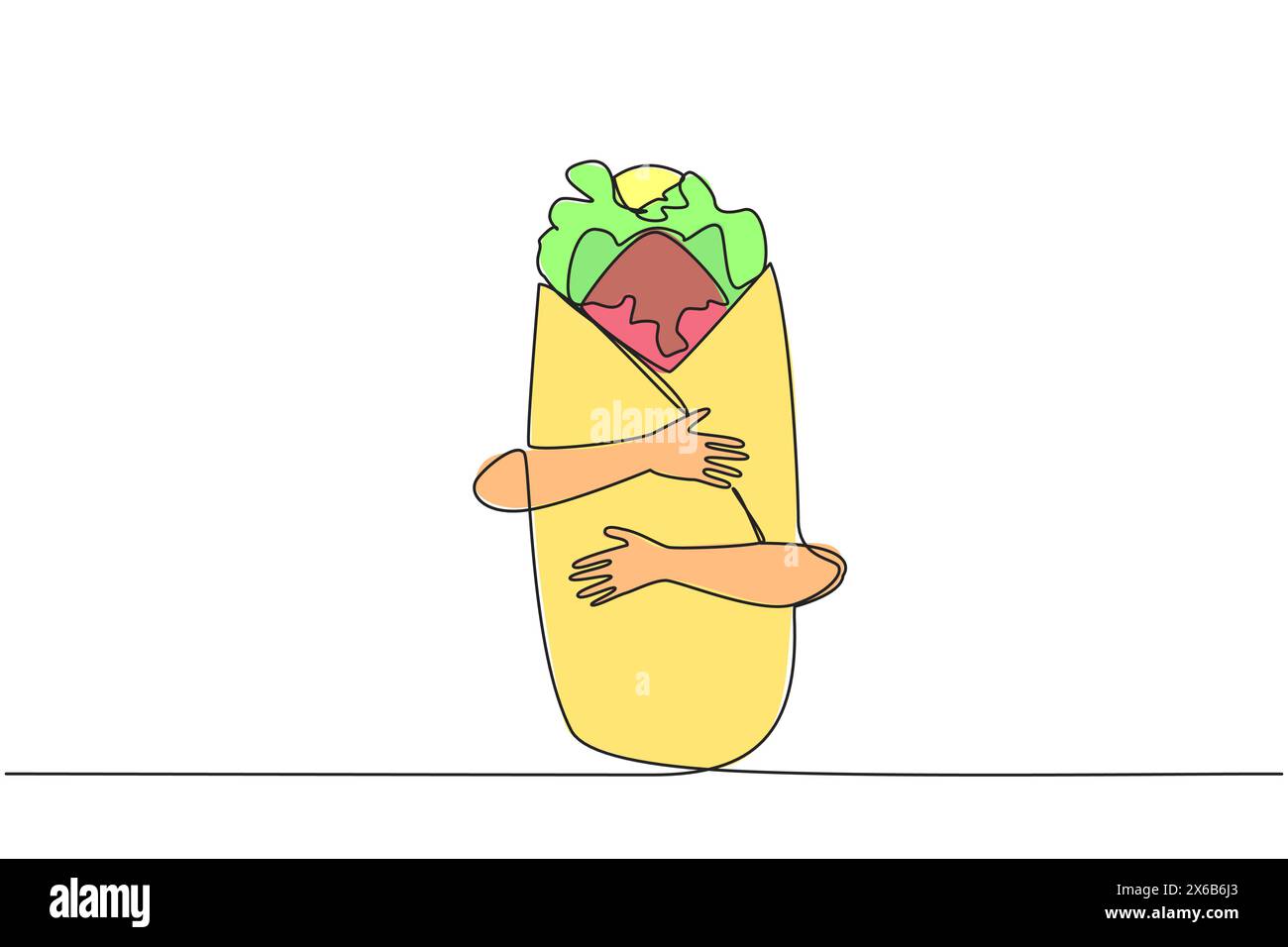 Single one line drawing of hands hugging shawarma. A delectable dish ...