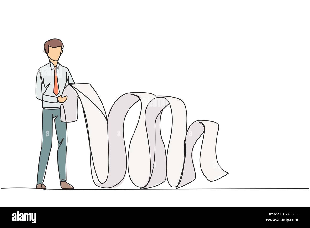 Single one line drawing of businessman held long billing paper dangling ...
