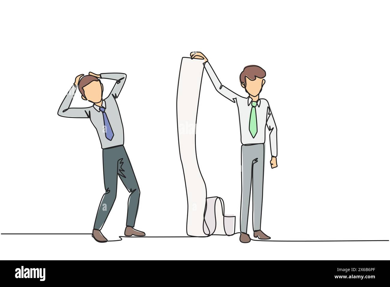 Single continuous line drawing of shocked businessman is shown the bill ...