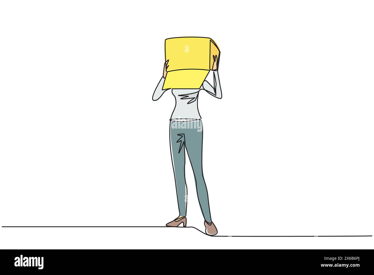 Continuous one line drawing businesswoman stood up and covered head ...