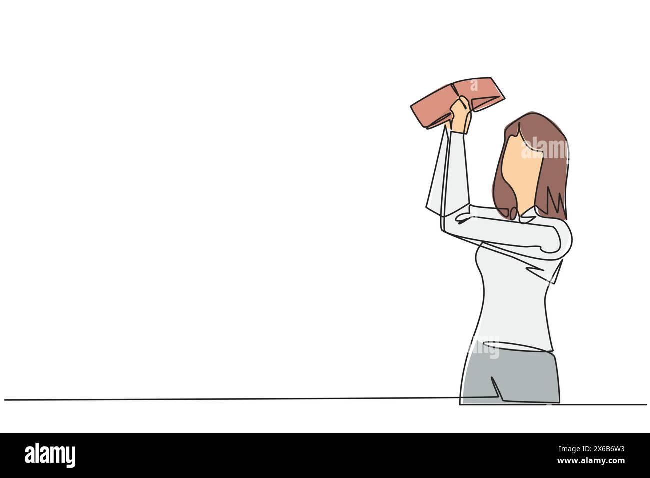 Single continuous line drawing of businesswoman stood holding and ...