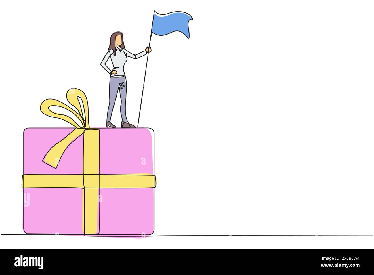 Single continuous line drawing of businesswoman standing on giant gift ...