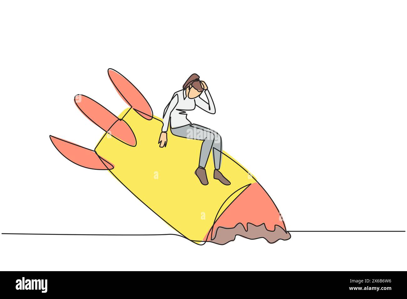 Single one line drawing businesswoman sits downcast on swooping rocket ...