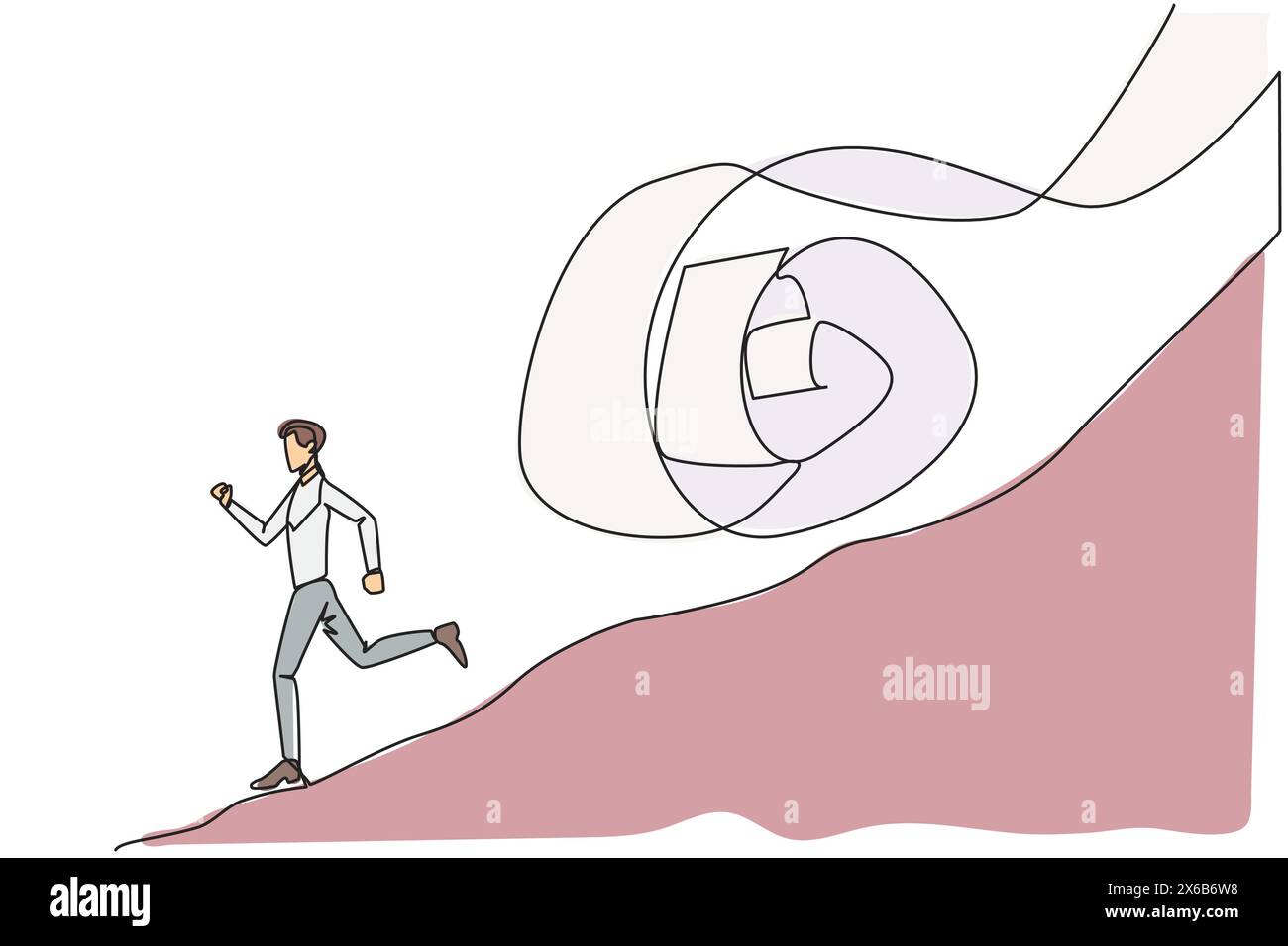 Continuous one line drawing of young businessman runs down hill while ...