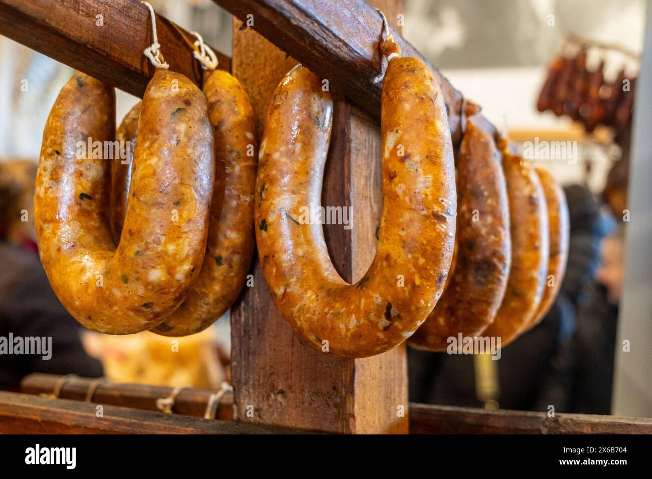 Typical smoked sausage called alheira at the Feira do Fumeiro de ...