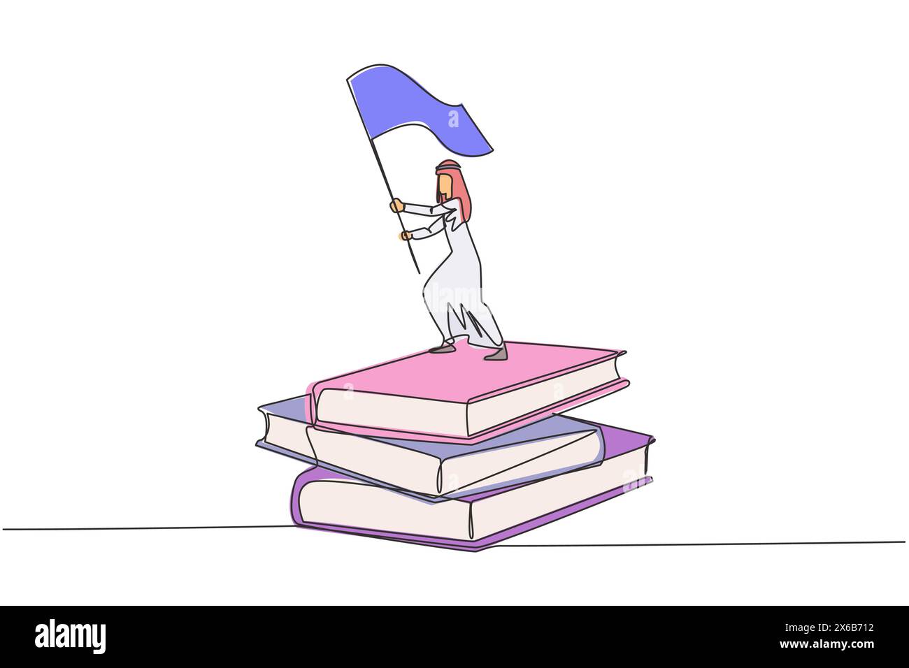 Single one line drawing of Arabian businessman standing on stacks of ...