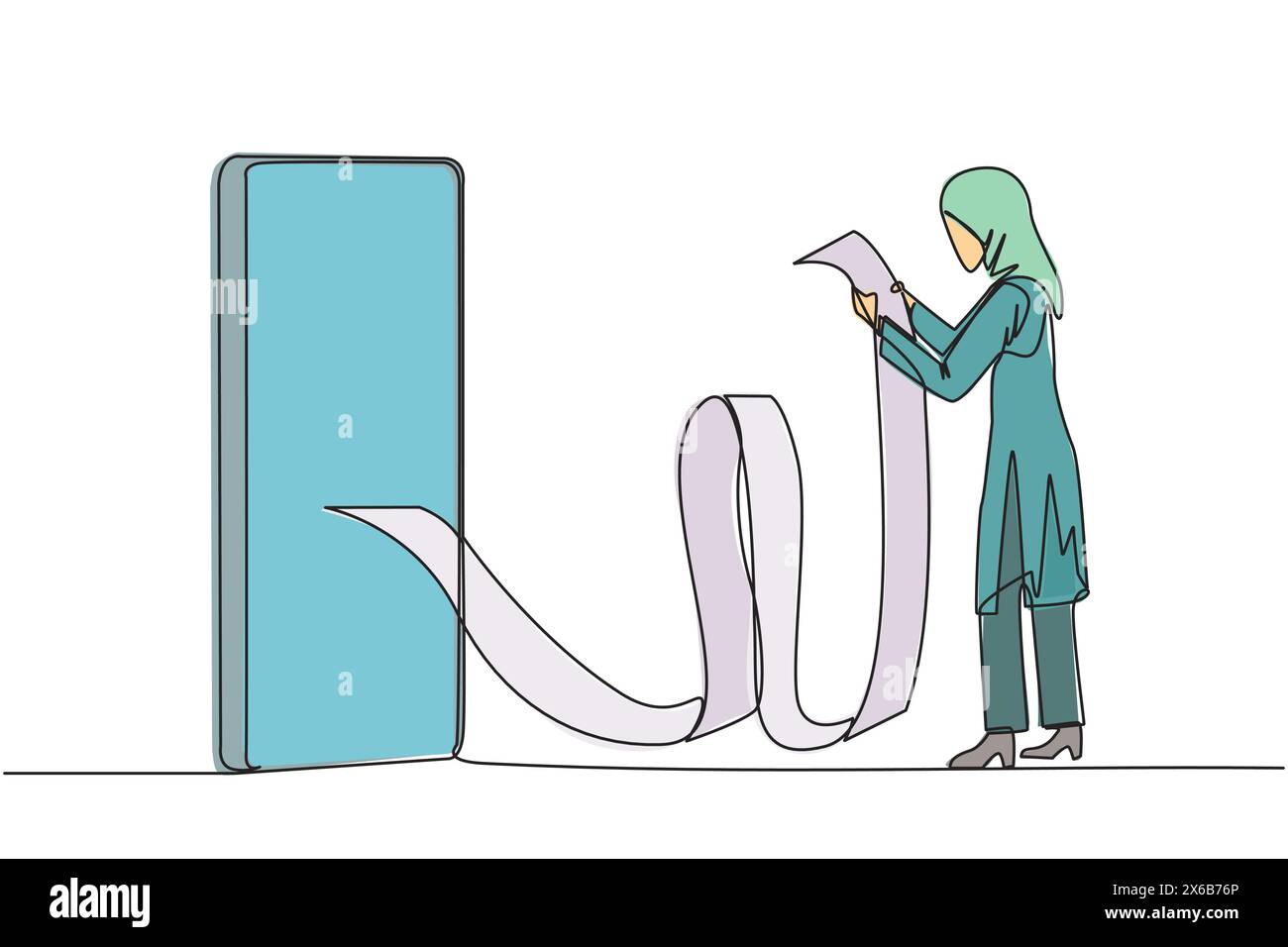 Single continuous line drawing of Arabian businesswoman holding billing ...