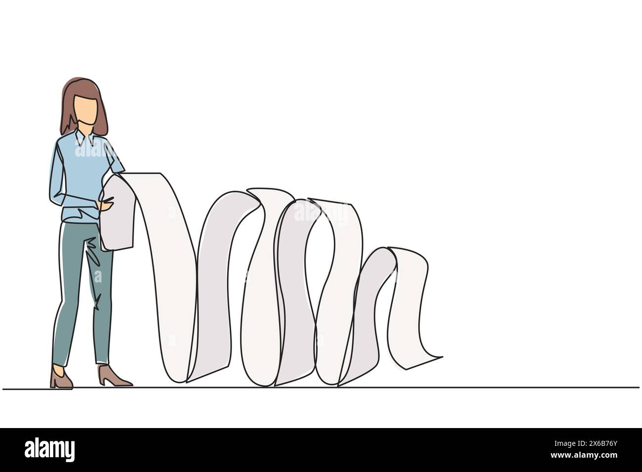 Continuous one line drawing businesswoman held long billing paper with ...