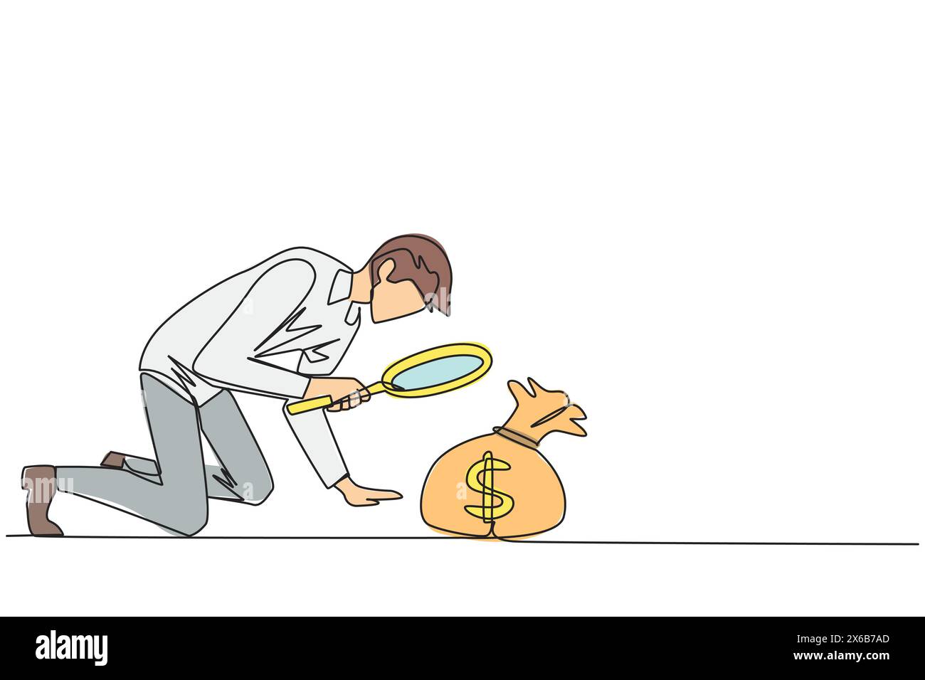 Single one line drawing businessman looks down checking money bag with ...