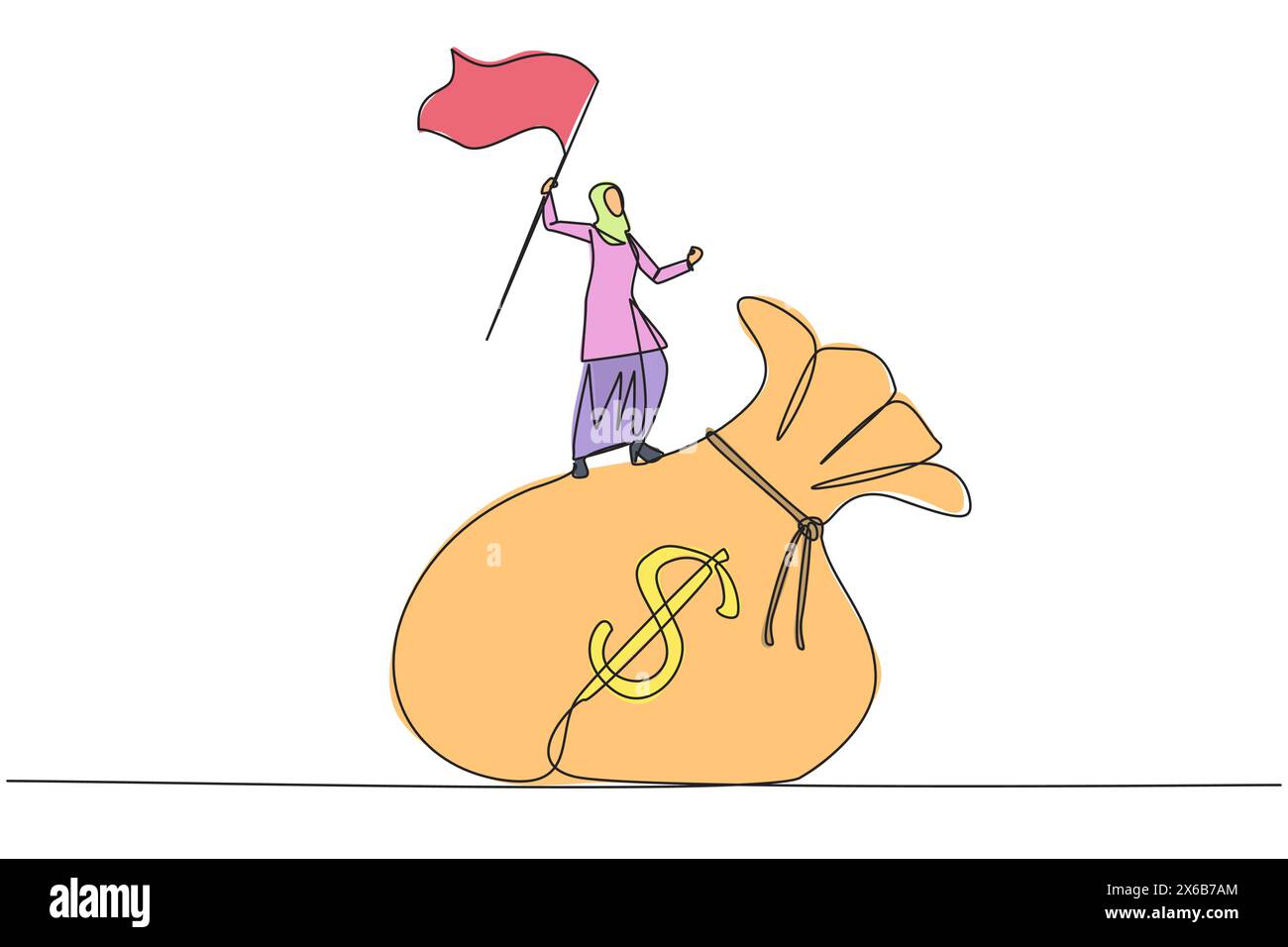 Single one line drawing of Arabian businesswoman standing on giant ...