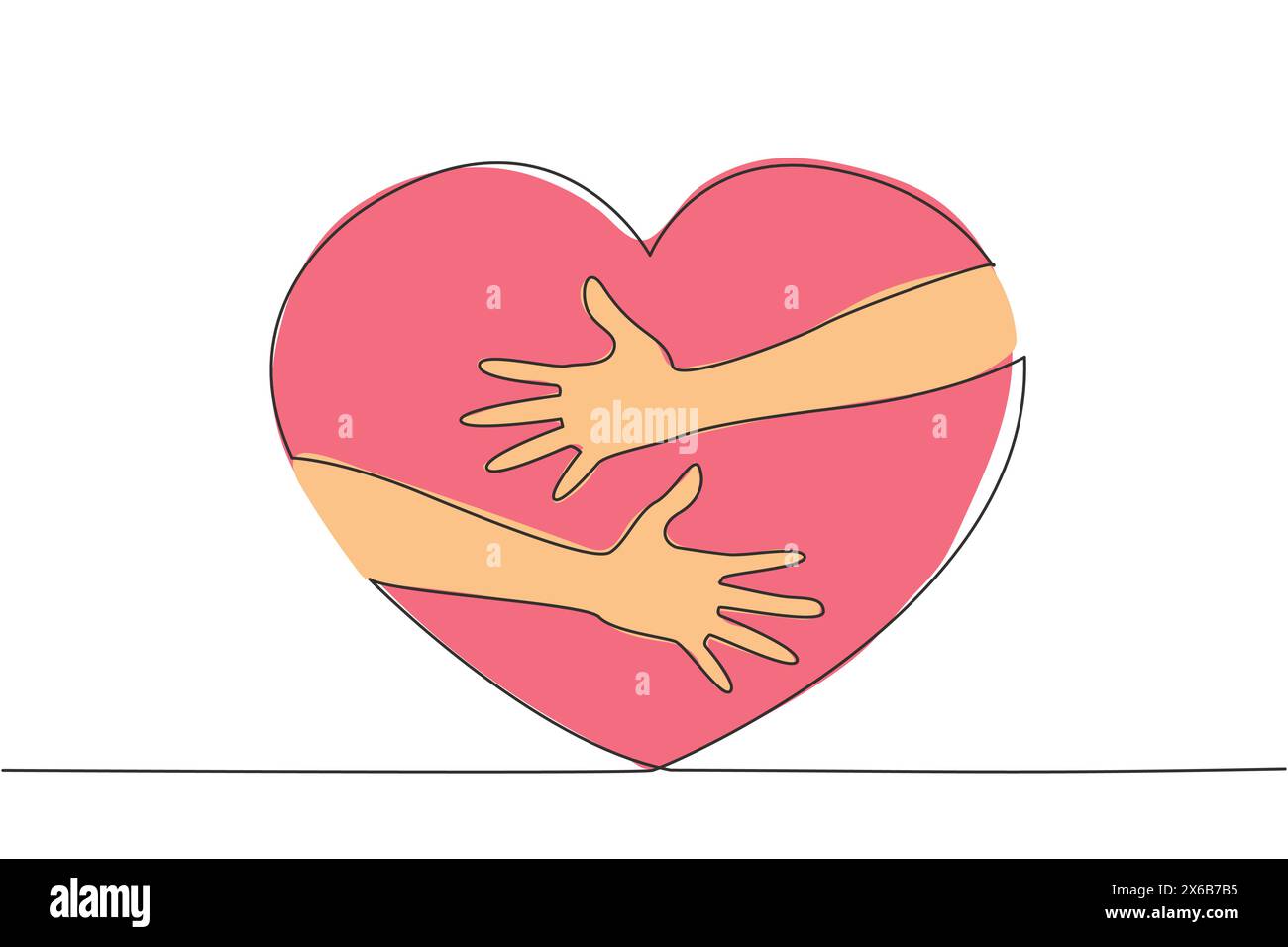 Single one line drawing of hands hugging big red heart. Hands holding heart. Symbol of charity ...