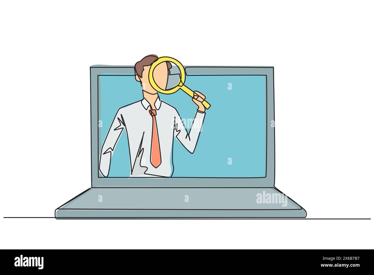 Continuous one line drawing of businessman came out of the laptop ...