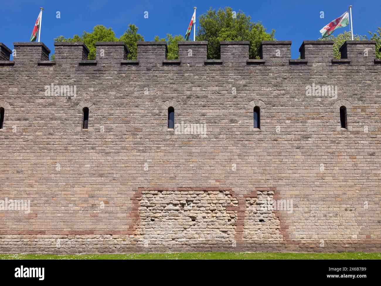 Cardiff castle South Wall with remains of the Roman Wall outlined in ...