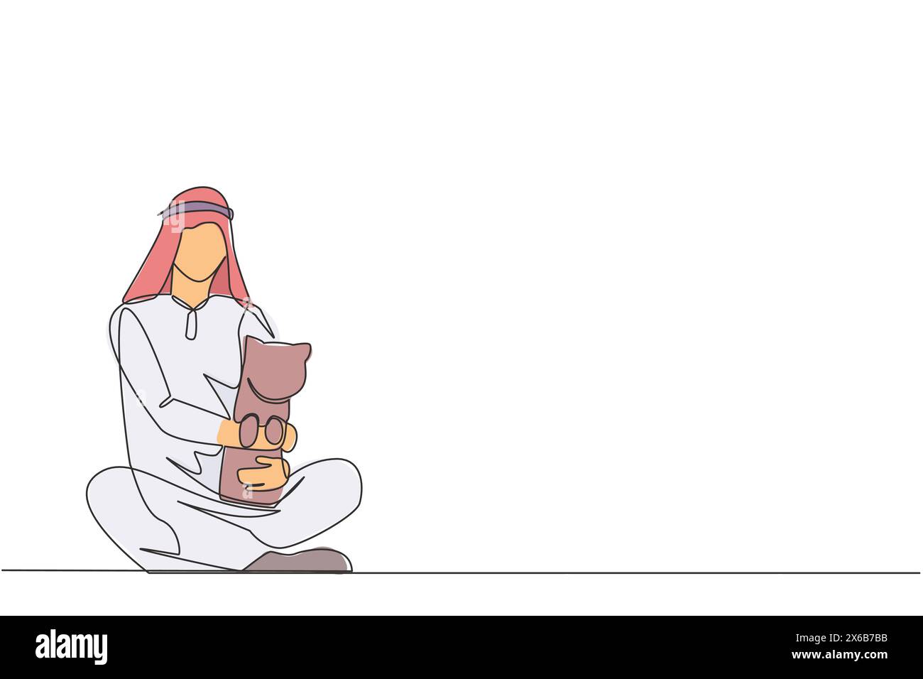 Single continuous line drawing of young energetic Arabian man sitting ...