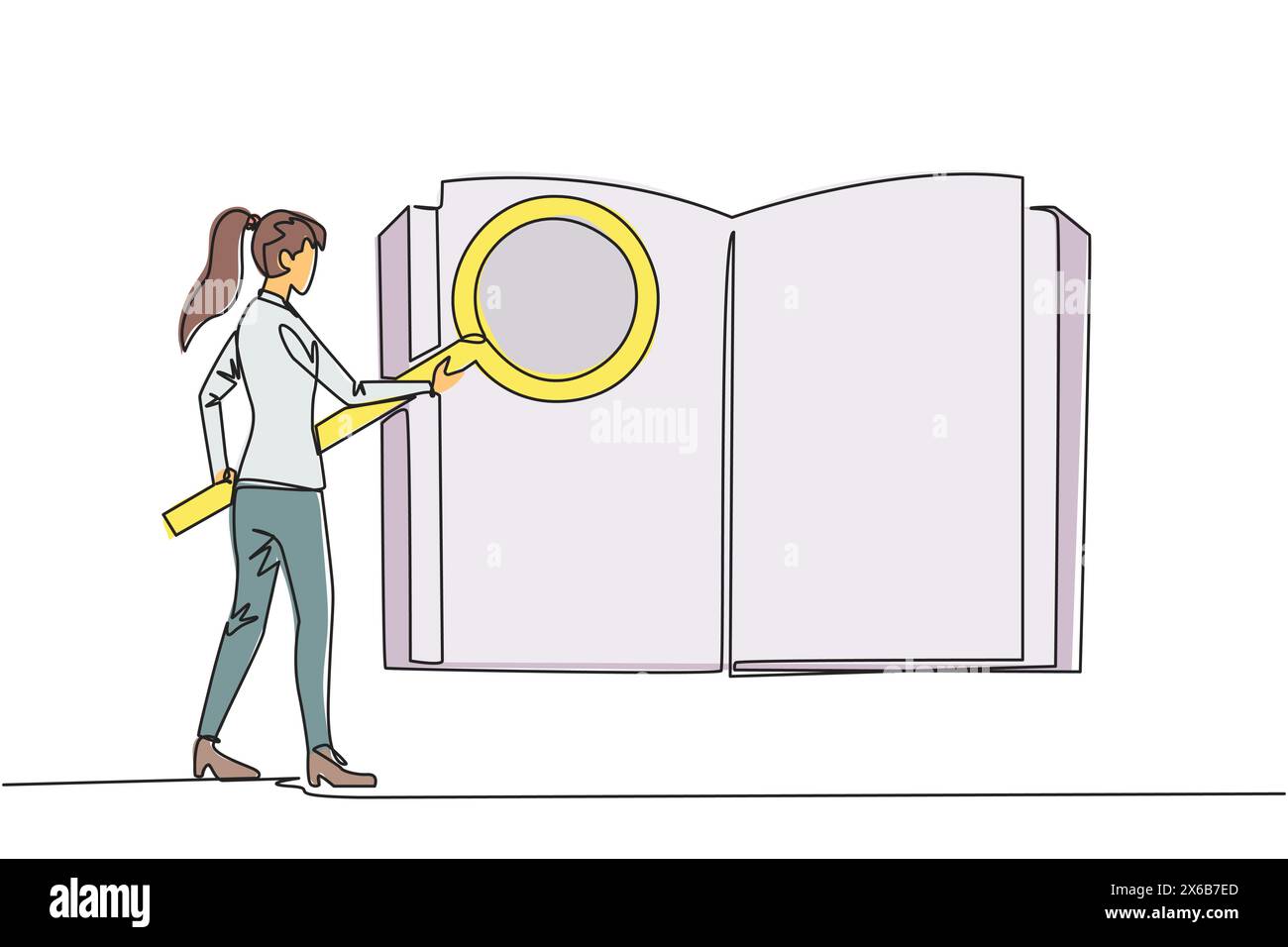 Single continuous line drawing businesswoman stood holding magnifier ...