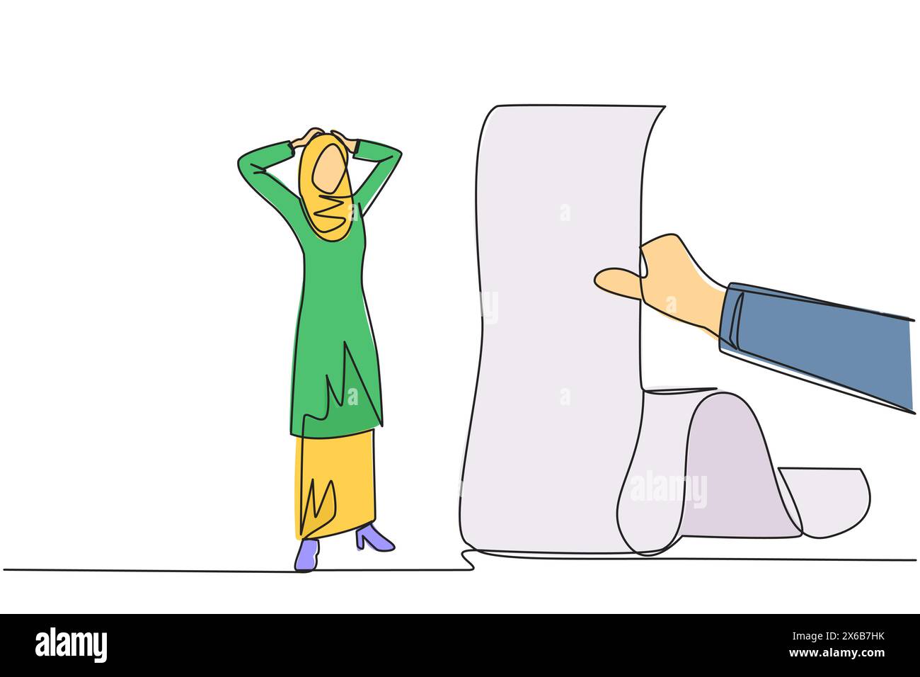 Single continuous line drawing Arab businesswoman stood in shock ...