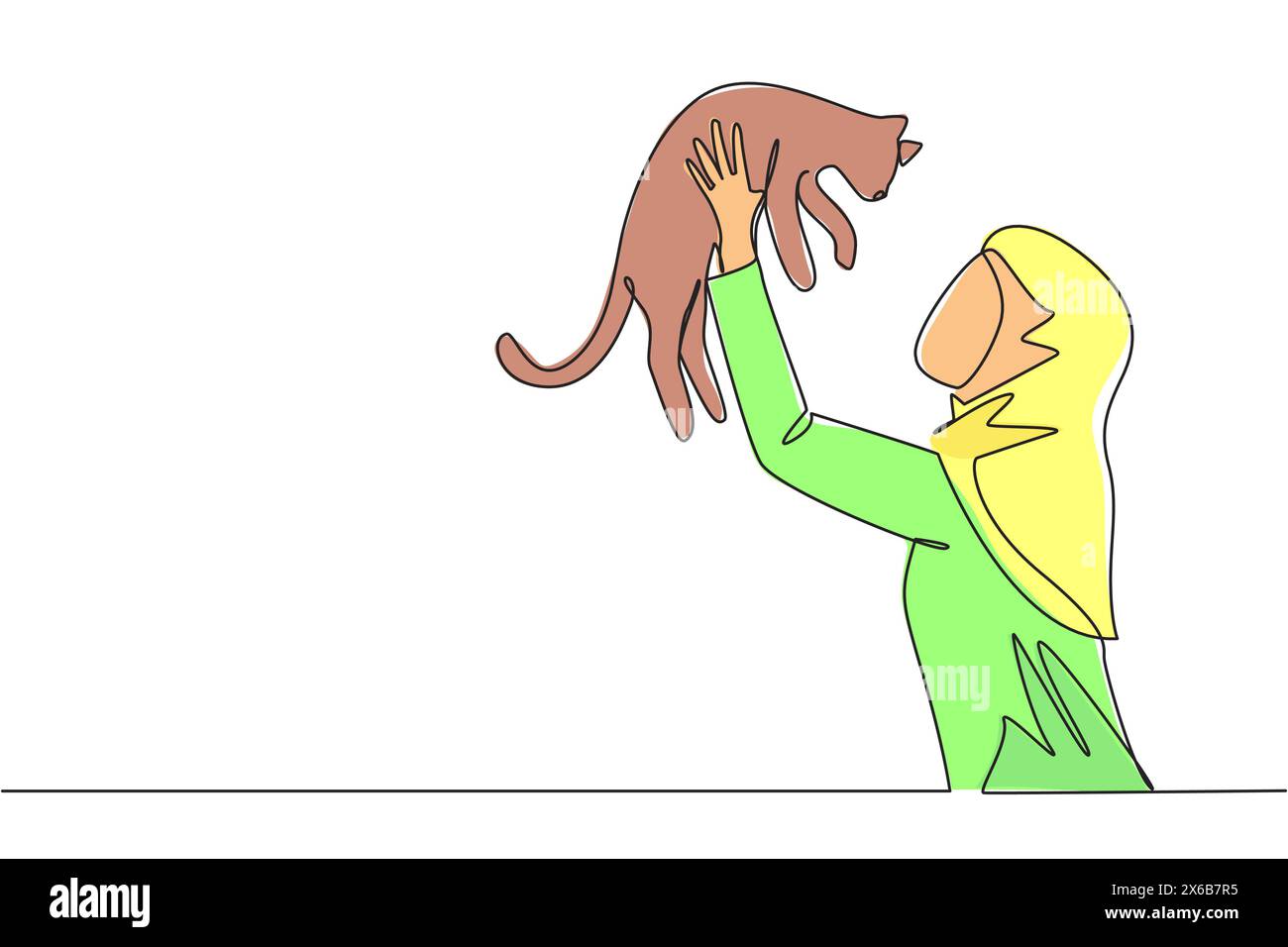 Continuous one line drawing of young beauty Arabian woman holding her ...