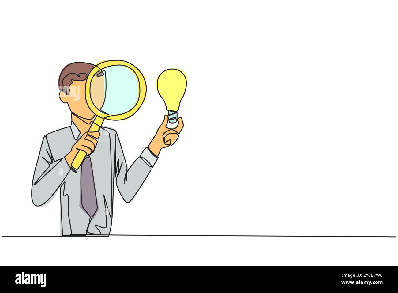 Single one line drawing young businessman inspects the lightbulb he ...