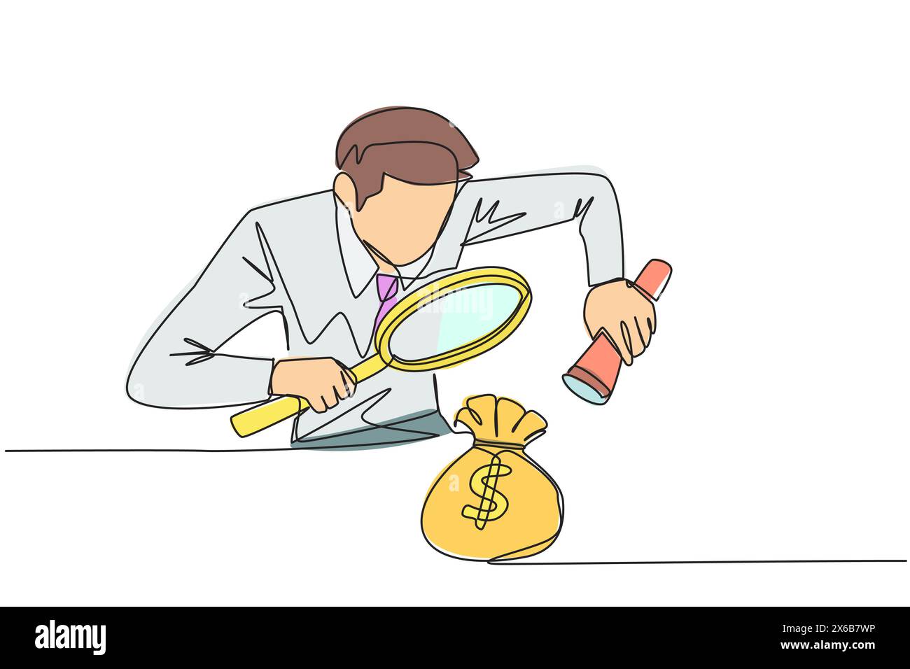 Continuous one line drawing businessman holds a magnifier and ...