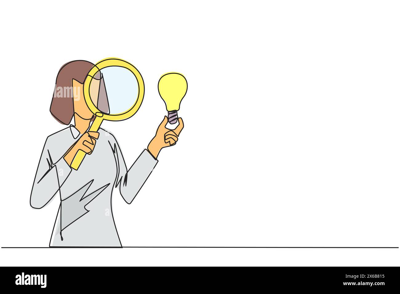 Single continuous line drawing of businesswoman inspects the lightbulb ...