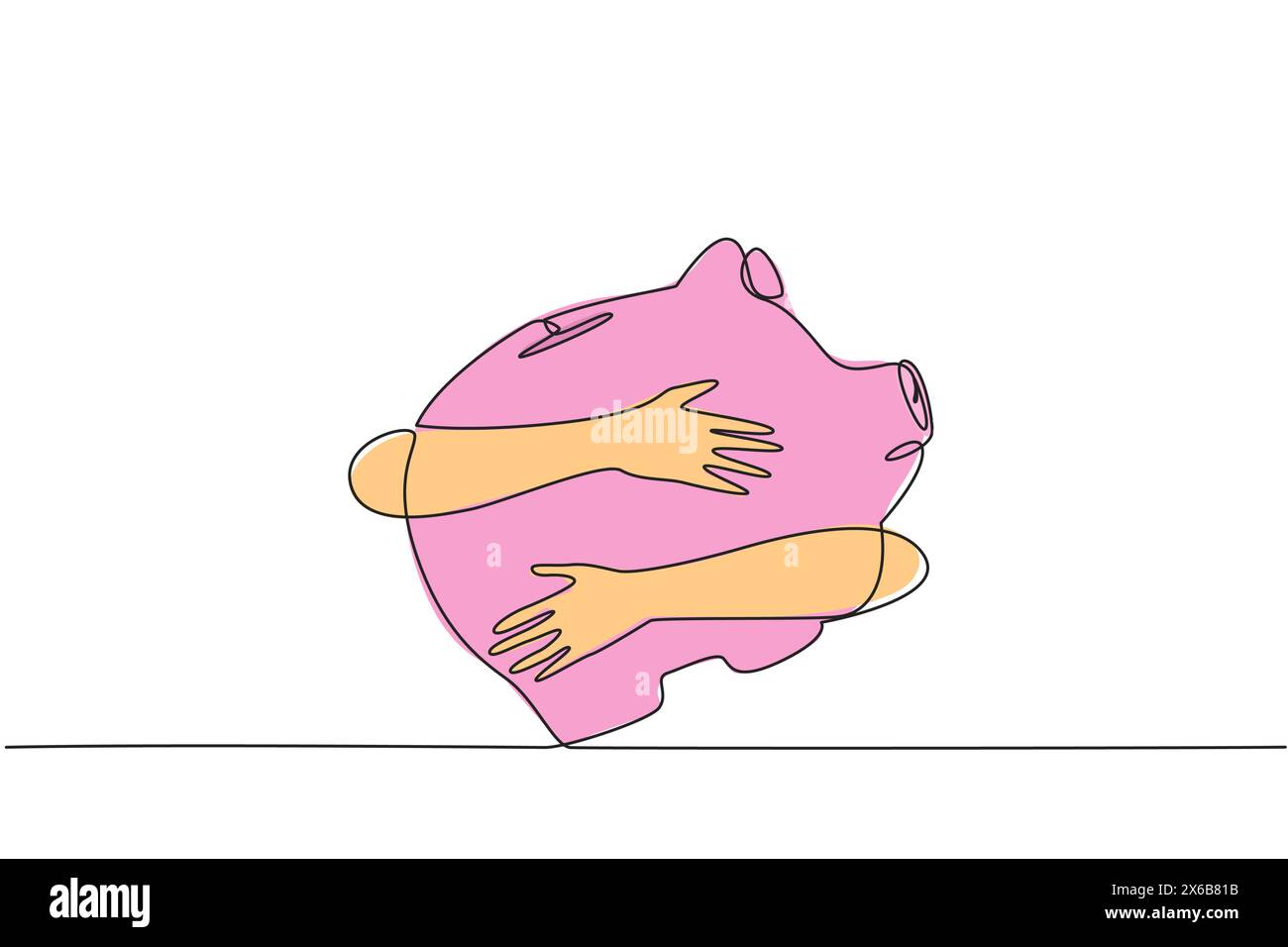 Continuous one line drawing of hands hugging piggy bank. Saving in the ...
