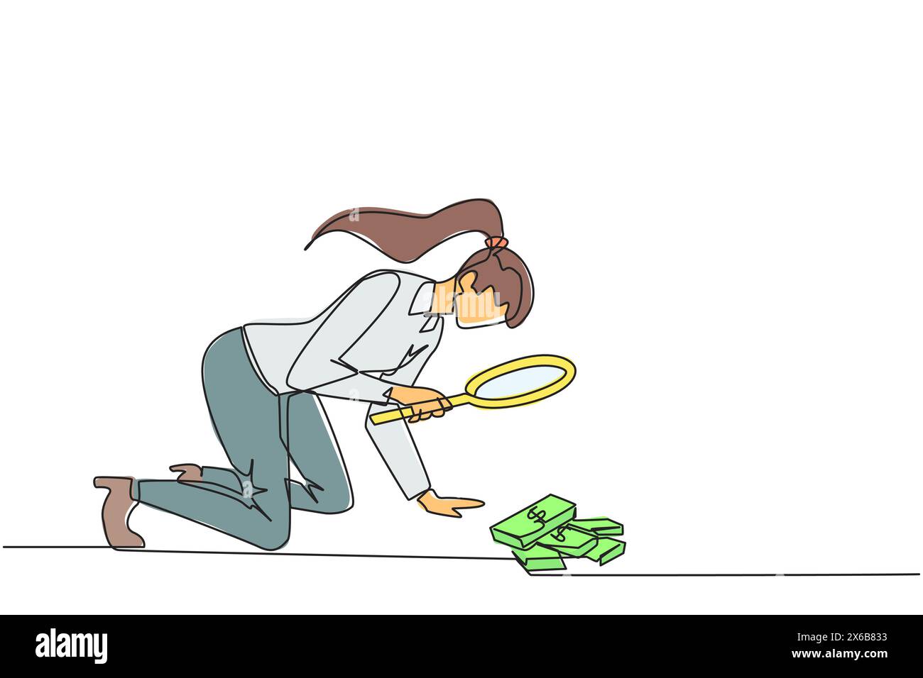 Single one line drawing of businesswoman looked down examining piles of ...