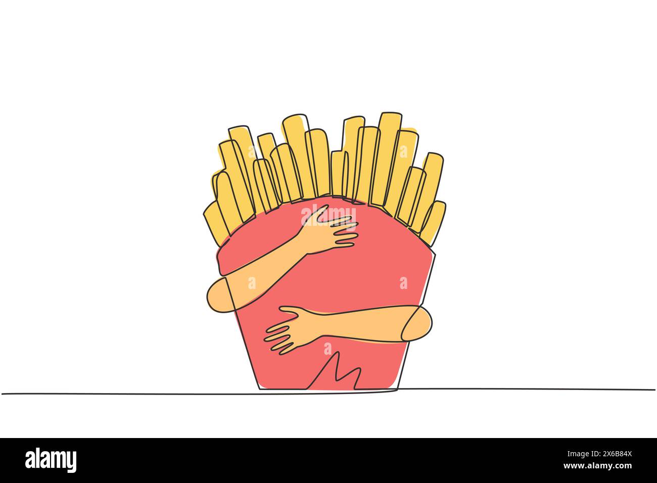Single continuous line drawing of human hands hugging french fries ...