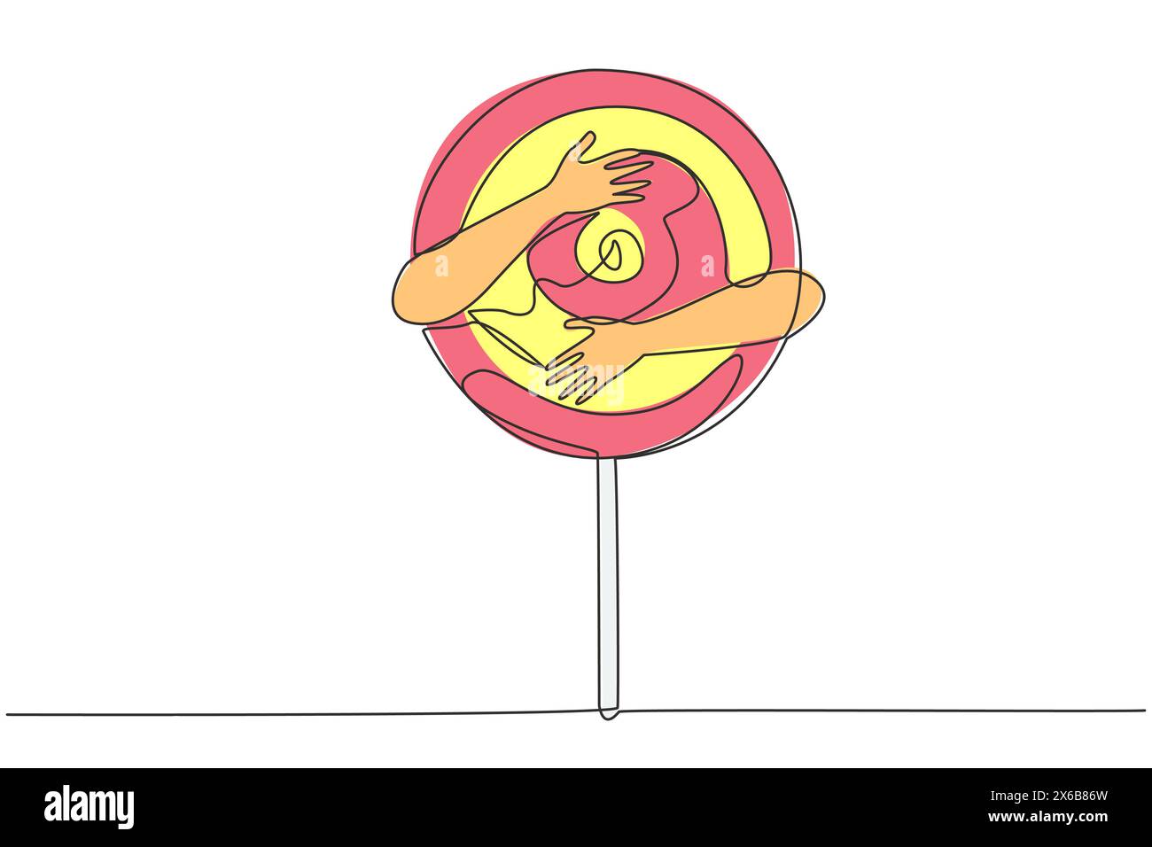 Continuous one line drawing human hands hugging lollipop. One of ...
