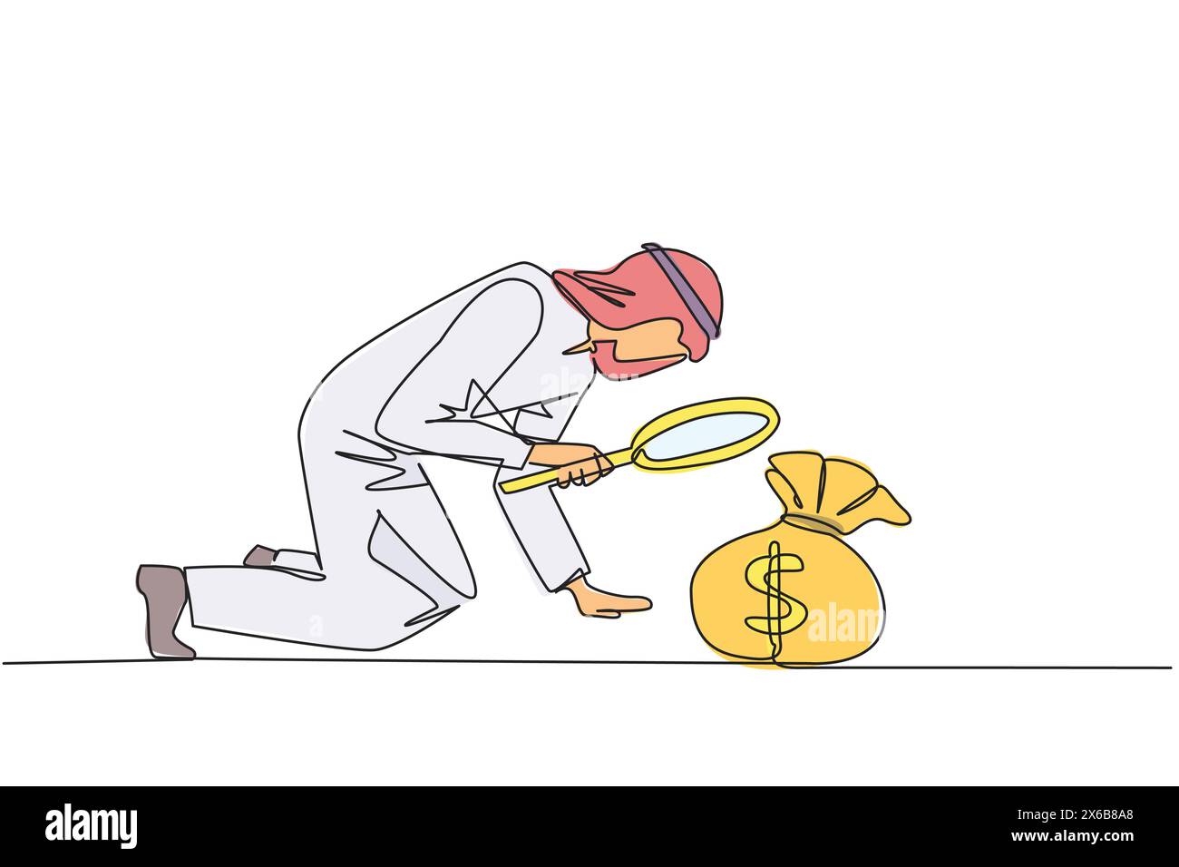 Single one line drawing Arab businessman looks down checking money bag ...