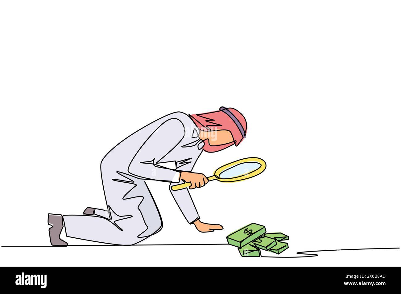 Single continuous line drawing Arab businessman looked down examining ... Single continuous line drawing Arab businessman looked down examining ...