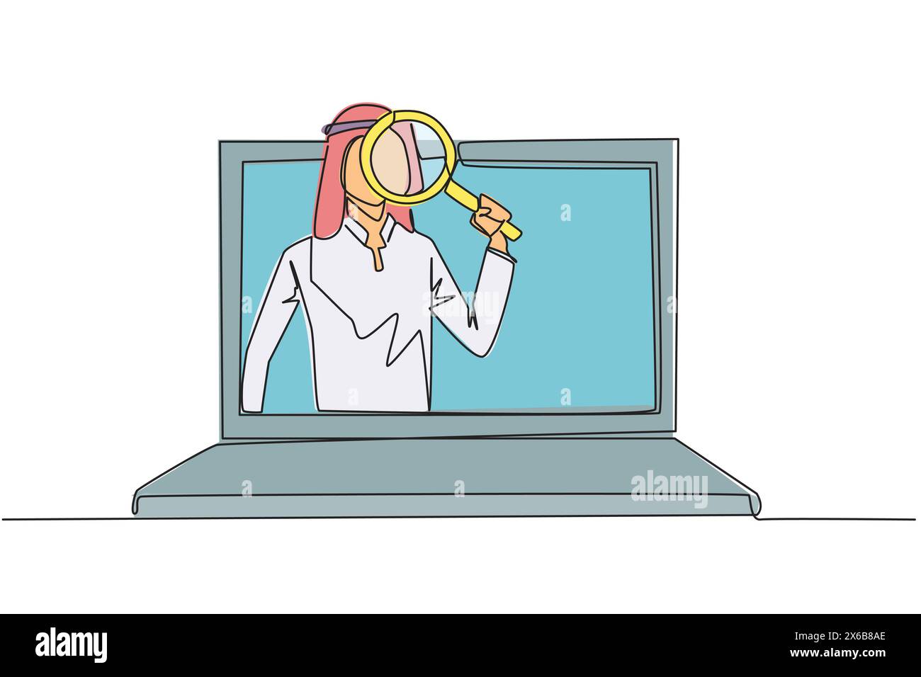 Single continuous line drawing of Arab businessman came out of laptop ...