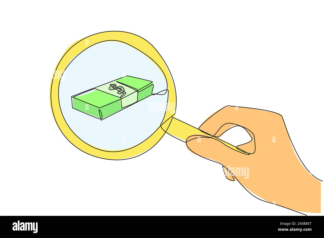 Single continuous line drawing big hand holding magnifying glass ...