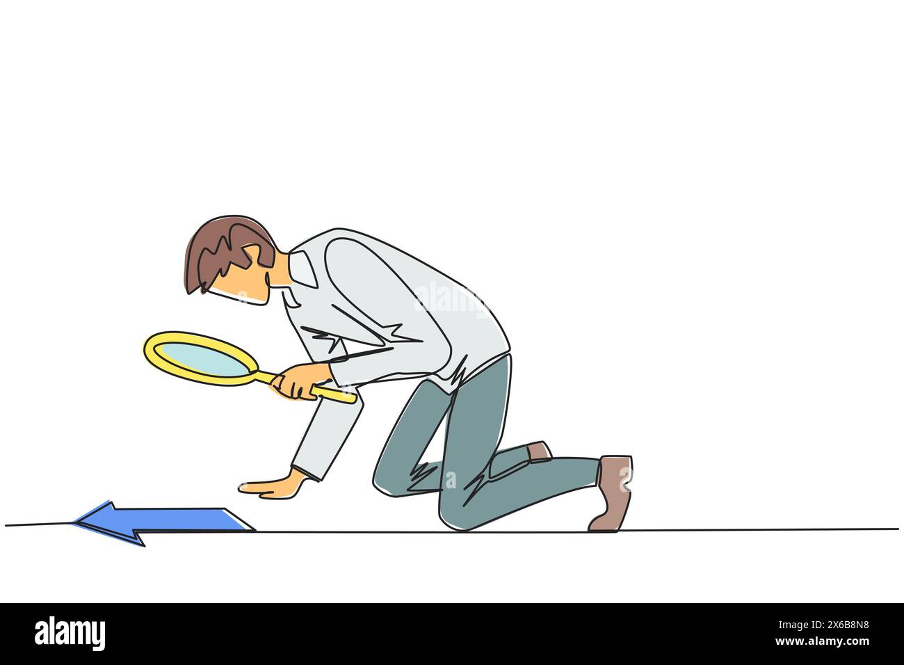 Continuous one line drawing of businessman looked down checking arrows ...