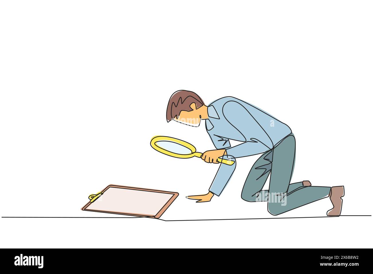 Single continuous line drawing businessman holding magnifying glass ...