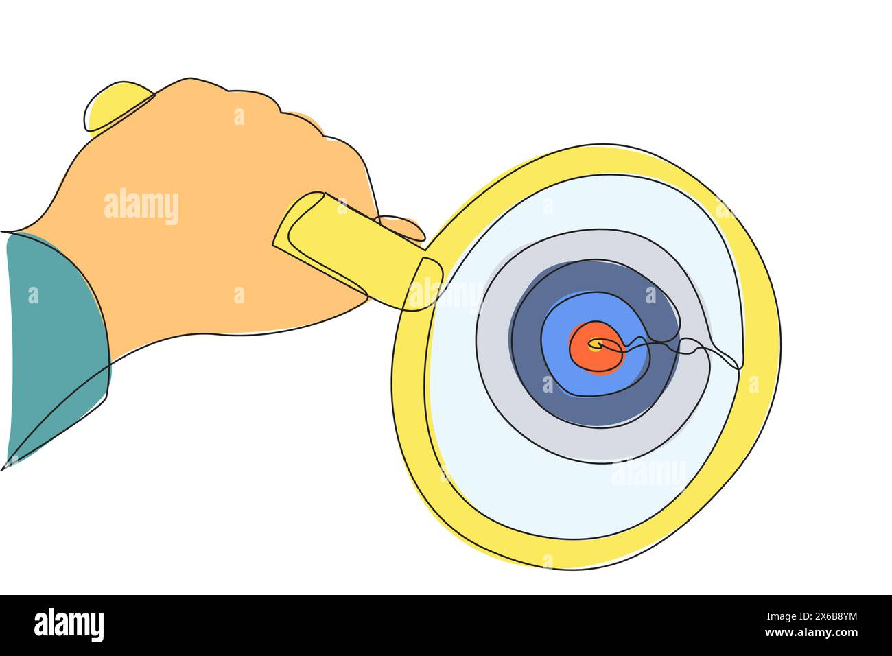 Single continuous line drawing big hand holding magnifying glass ...