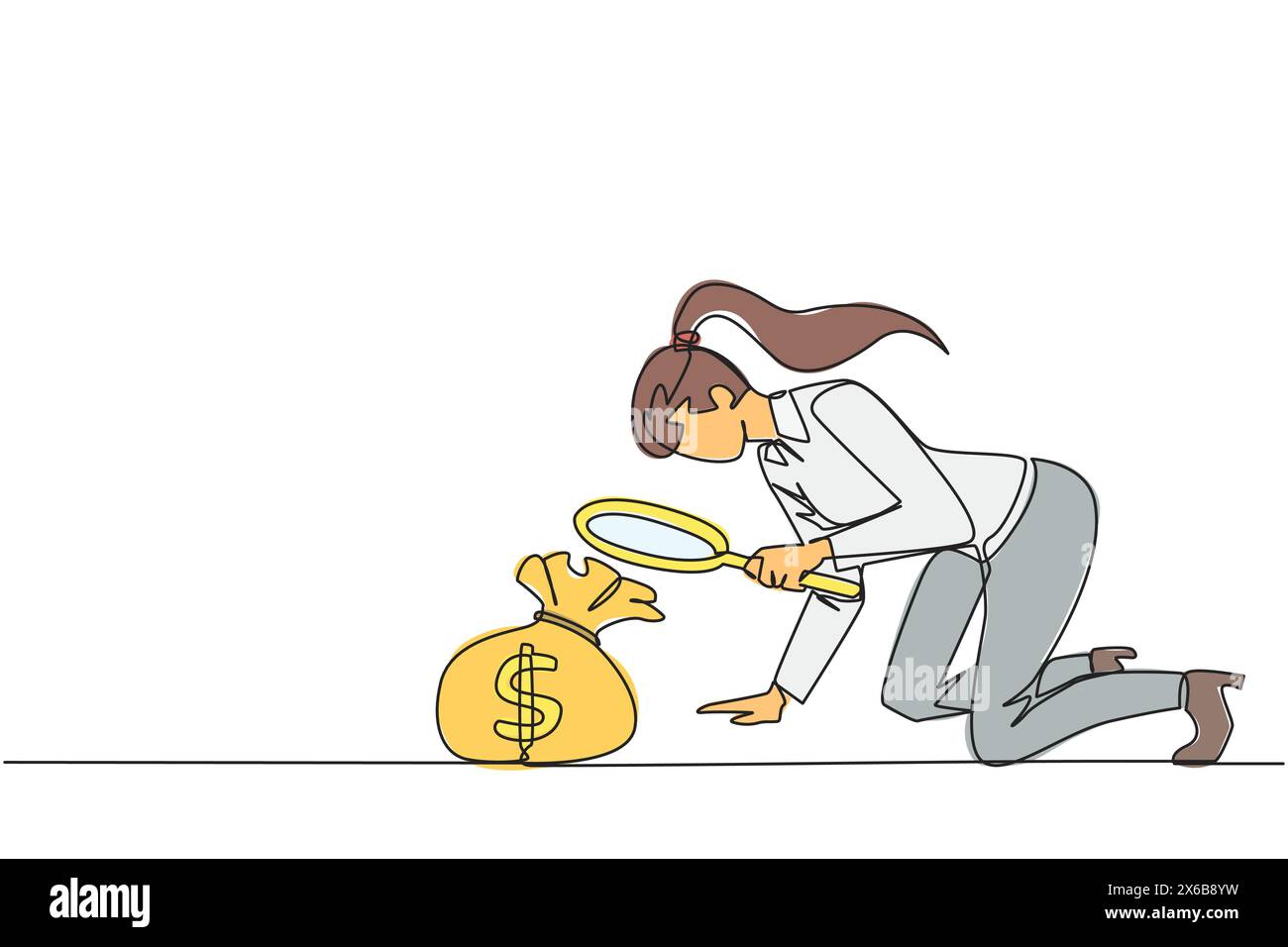 Continuous one line drawing of businesswoman looks down checking money ...