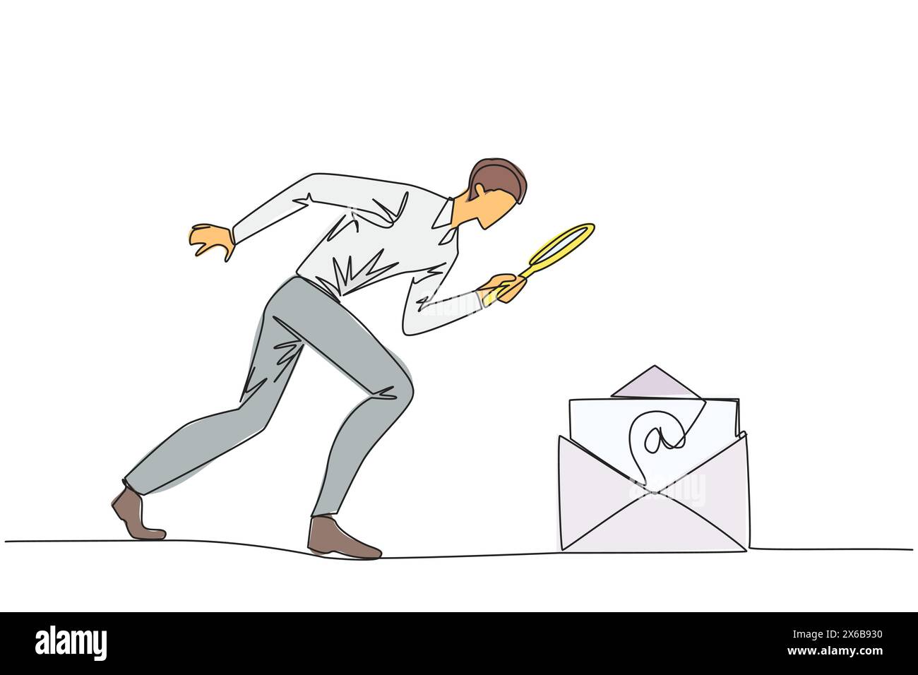 Continuous one line drawing businessman holds magnifying glass ...