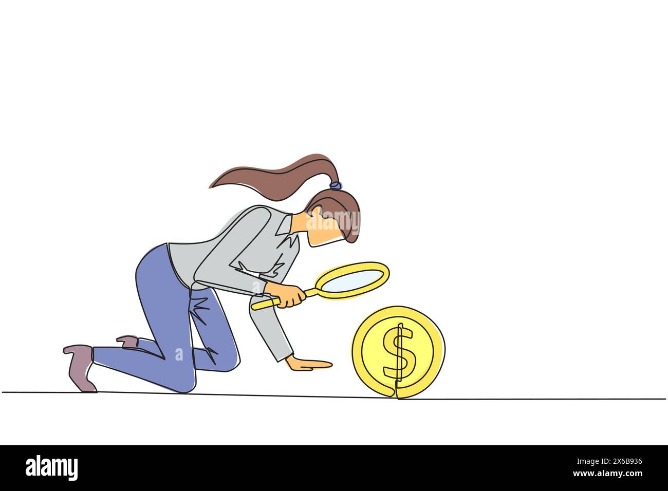 Single one line drawing of businesswoman holding magnifying glass ...