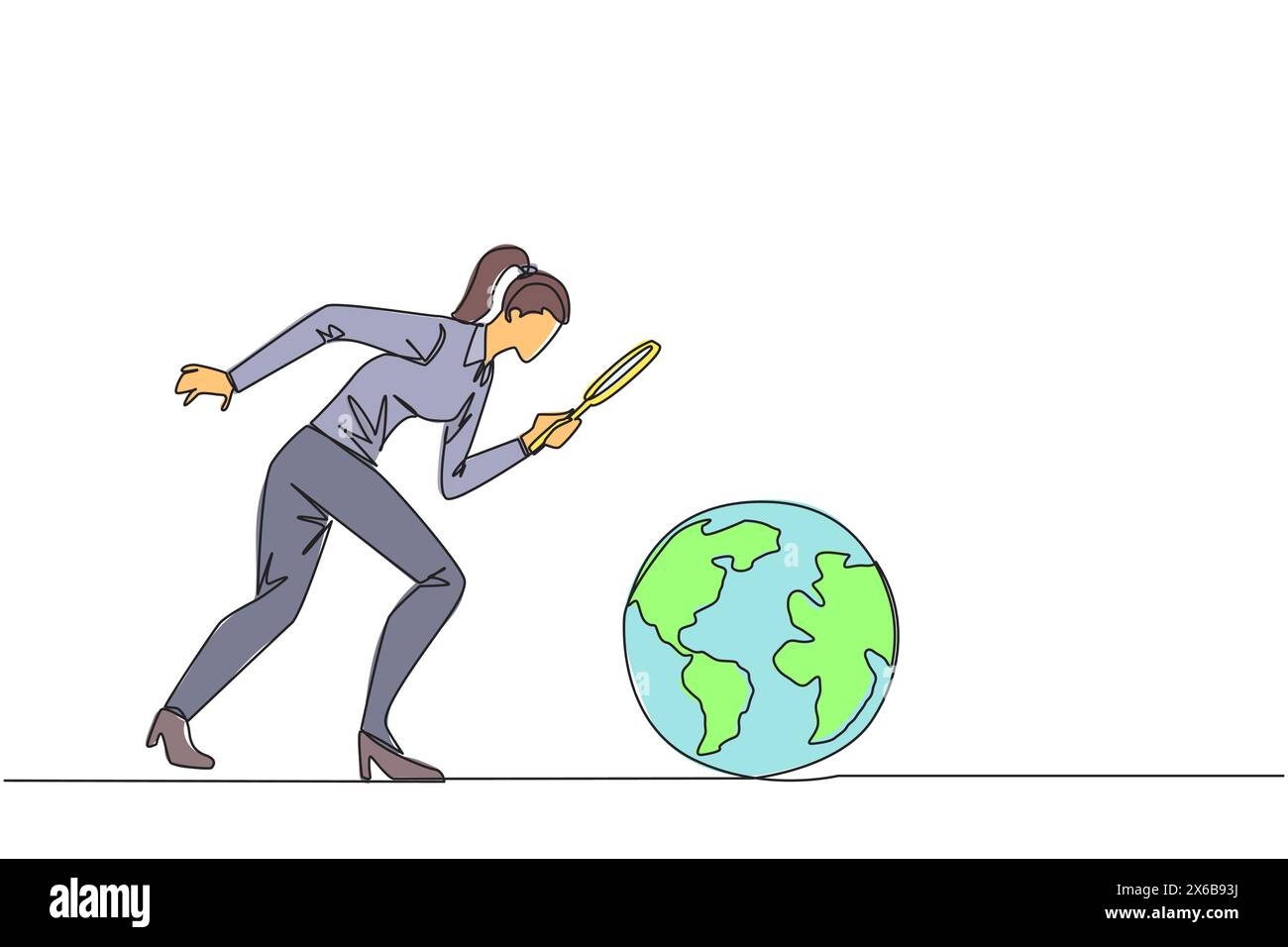 Single continuous line drawing of businesswoman holding magnifying ...