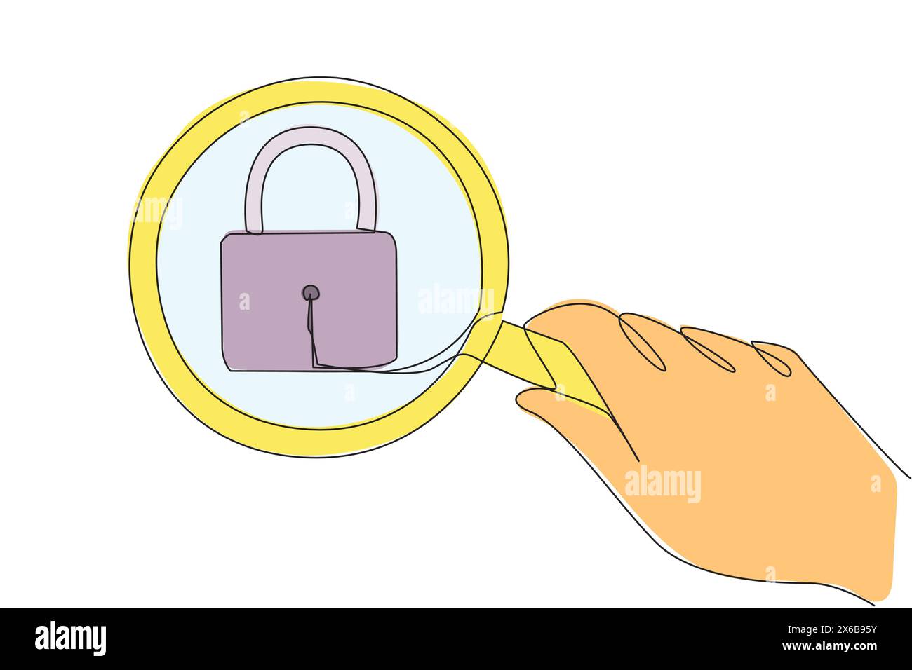 Single one line drawing big hand holding magnifying glass highlights ...