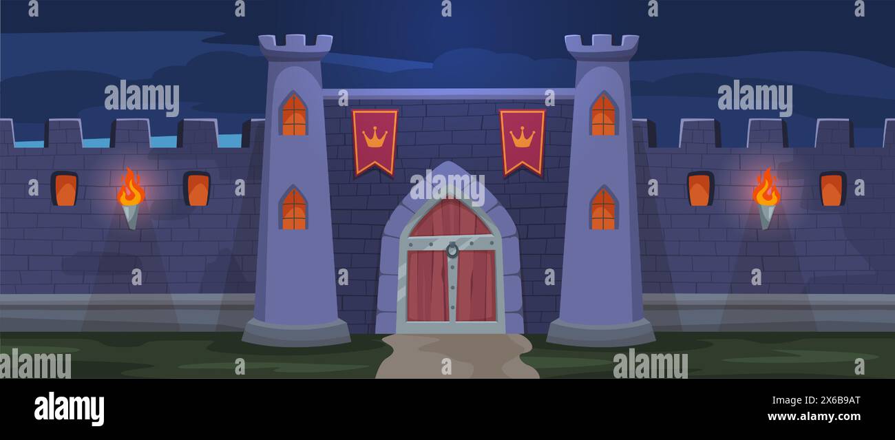 Night medieval fortress gate. Nocturne fantasy kingdom entrance, royal ...