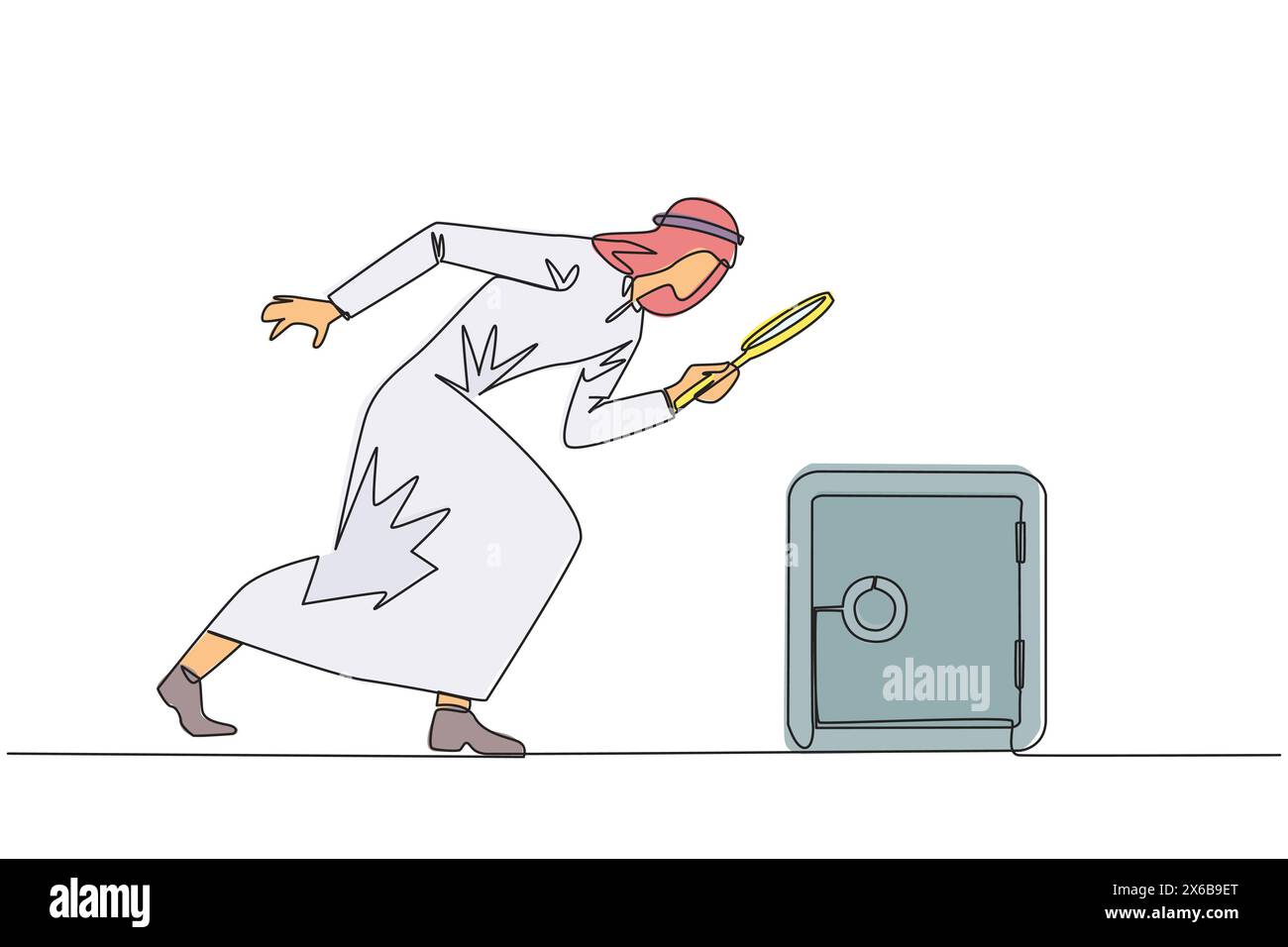 Single one line drawing of Arabian businessman holding magnifying glass ...