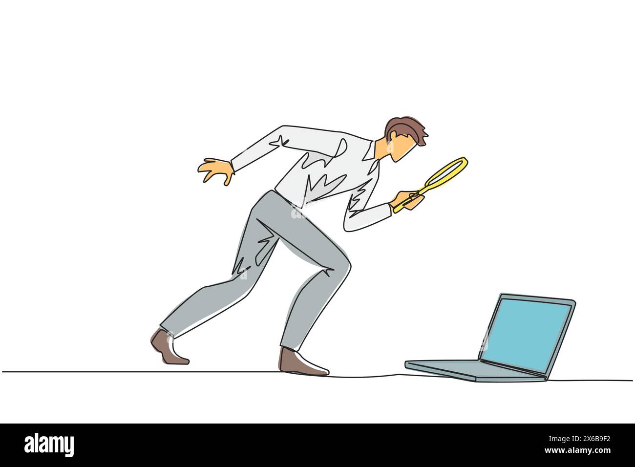 Single one line drawing businessman holding magnifying glass looking at ...