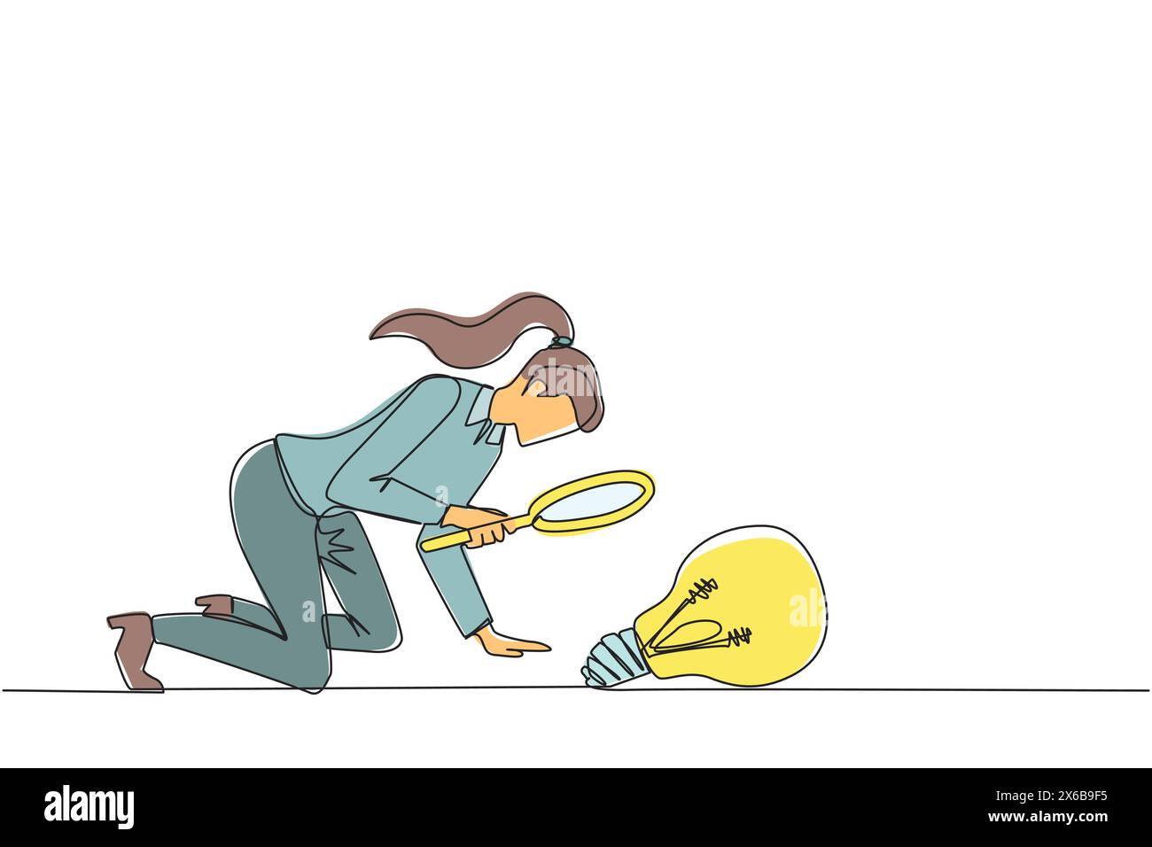 Continuous one line drawing businesswoman holding magnifying glass look ...