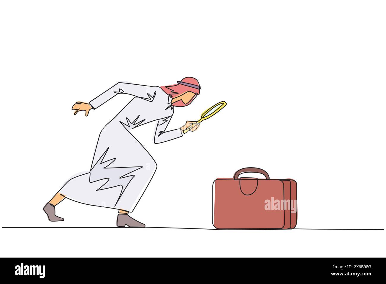 Single one line drawing Arabian businessman holding magnifying glass ...