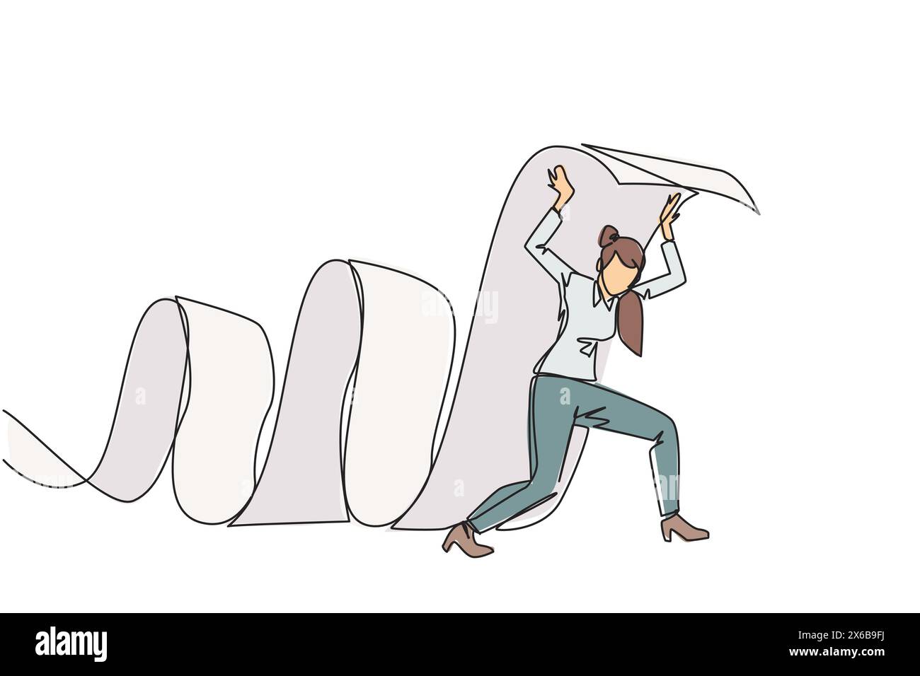 Continuous one line drawing businesswoman held long roll of billing ...