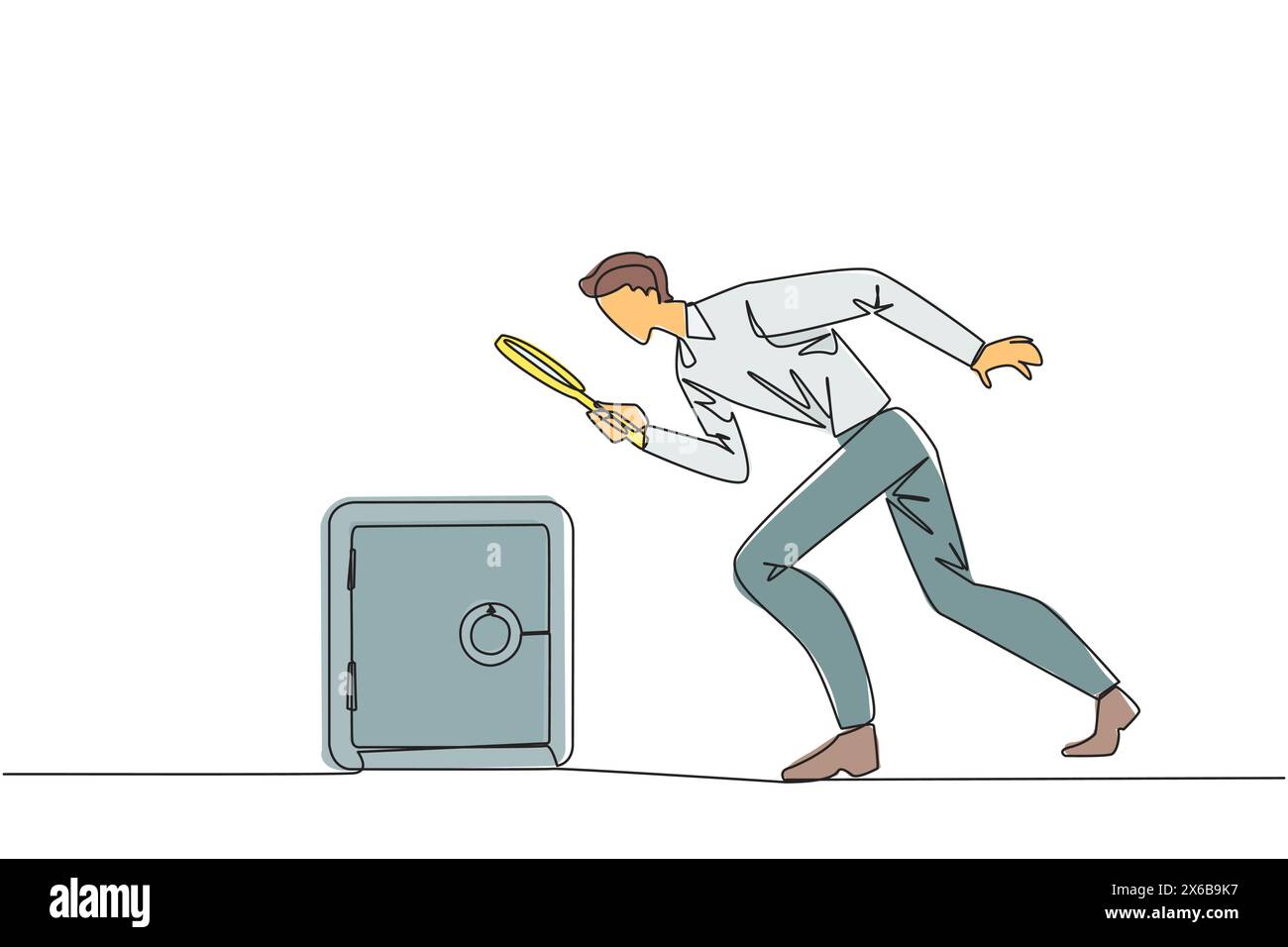 Single continuous line drawing businessman holding magnifying glass ...