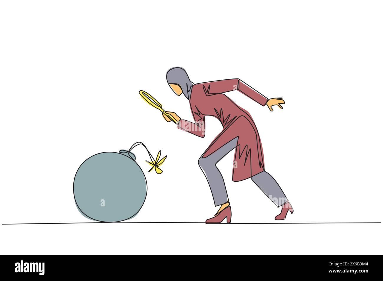 Single one line drawing of Arabian businesswoman holding magnifying ...