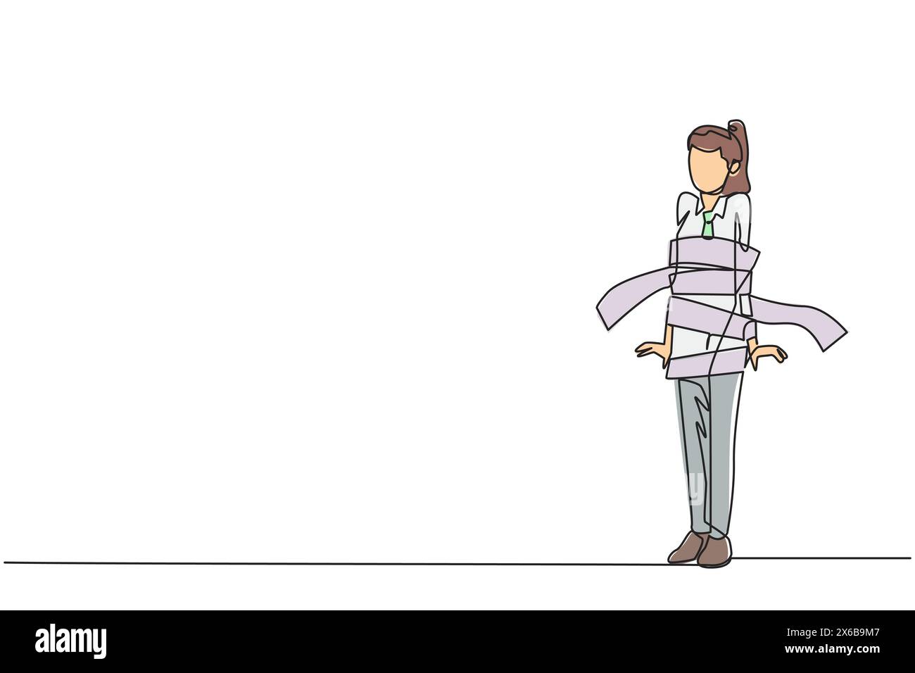 Single one line drawing young stressful businesswoman stood and her ...