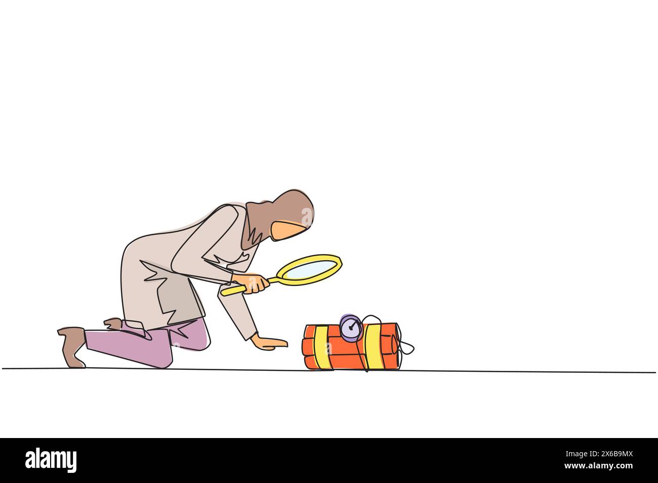 Single continuous line drawing Arabian businesswoman holding magnifying ...